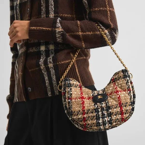Burberry Checkered Coarse Tweed Crescent-shaped Bag
