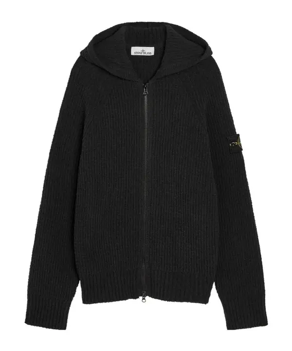 Stone Island Knitted Hooded Zip Cardigan - Black