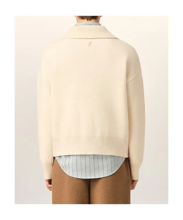 AMI Paris White High Buttoned Collar Wool Sweater