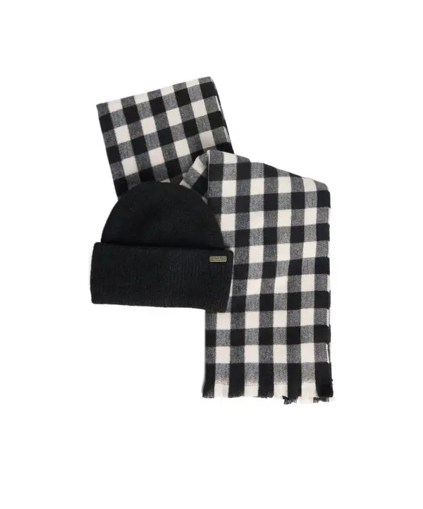 Barbour Knitted Beanie And Check Scarf Set