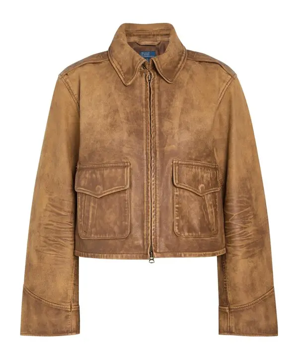 Polo Ralph Lauren Cropped Distressed Leather Jacket - Brown