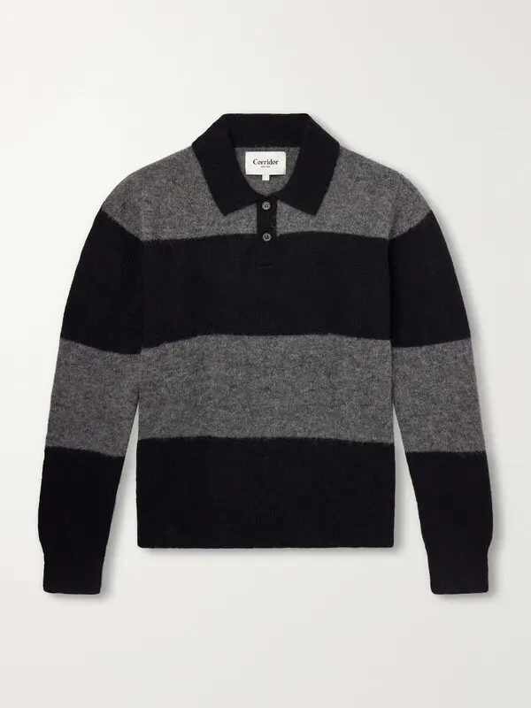 CORRIDOR Striped Woven Brushed Alpaca-blend Polo Sweater - Black