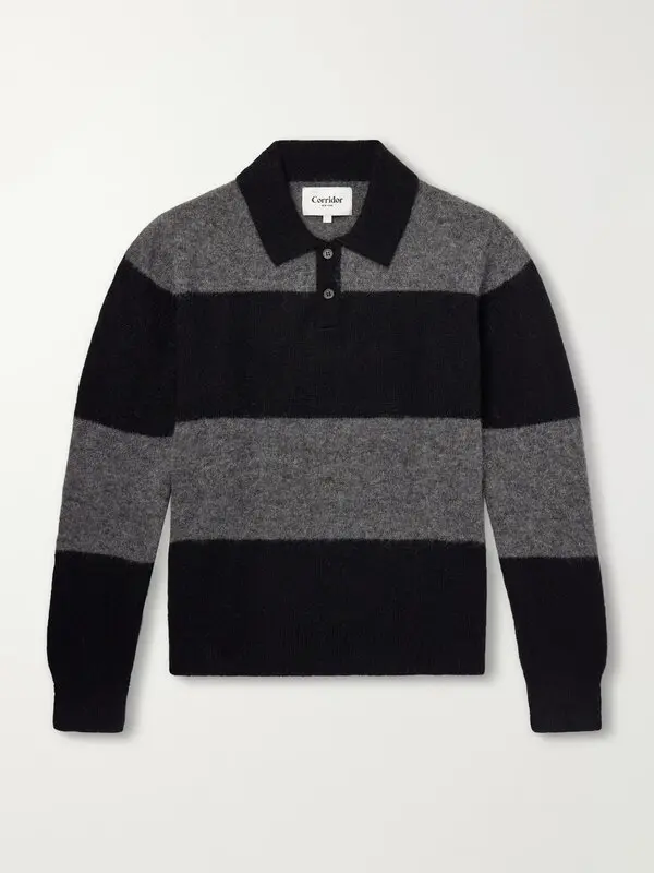 CORRIDOR Striped Brushed Alpaca-blend Polo Sweater - Black