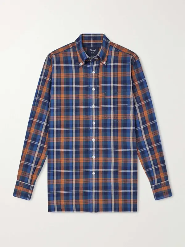 DRAKE'S Button-down Collar Checked Woven Cotton Shirt