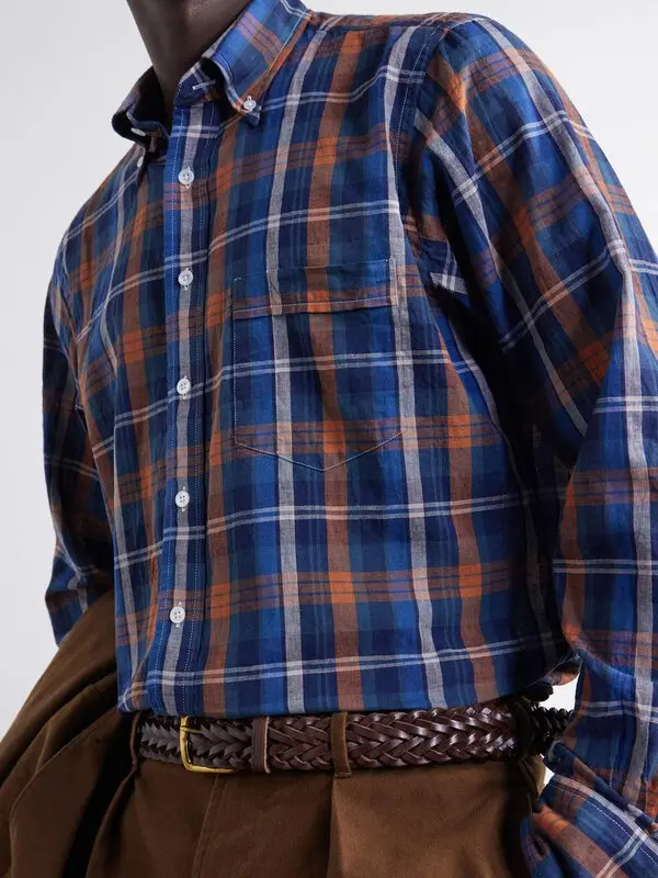 DRAKE'S Button-down Collar Checked Woven Cotton Shirt - Blue
