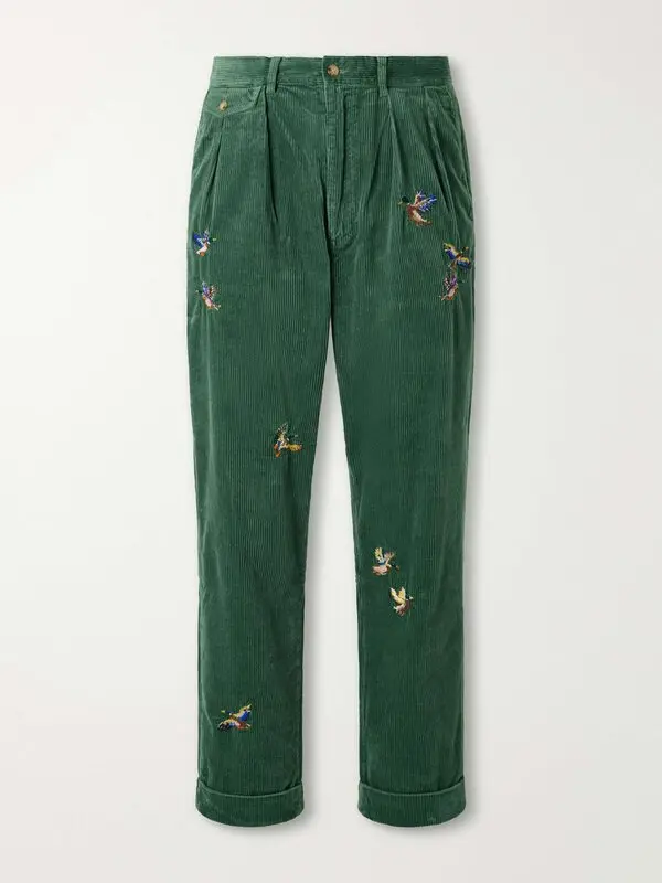 Polo Ralph Lauren Straight-leg Embroidered Pleated Cotton-corduroy Trousers - Green