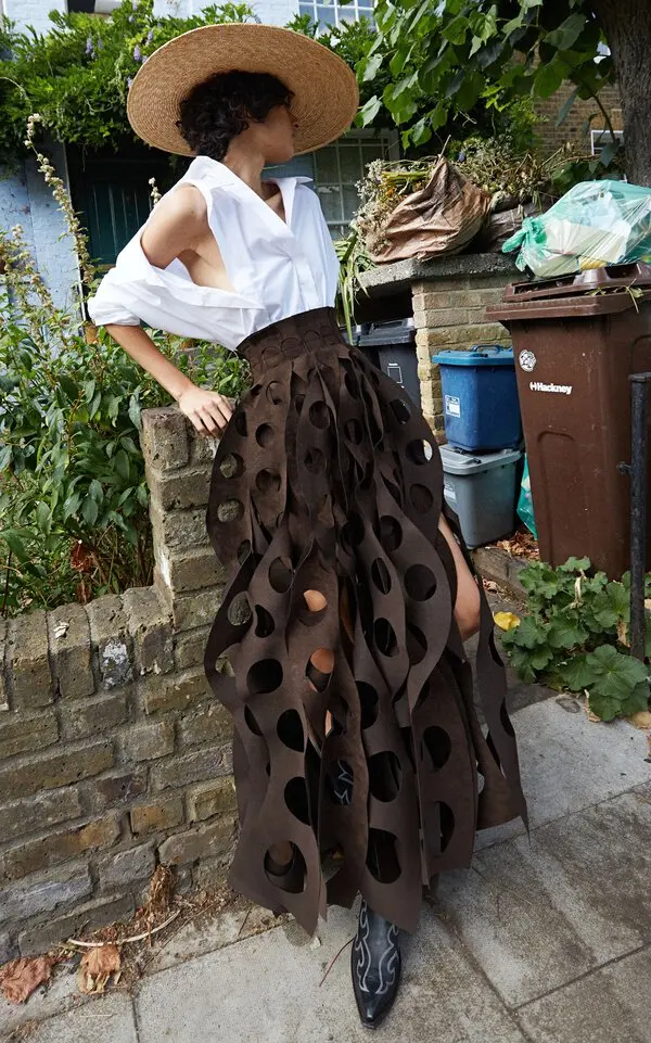 A.W.A.K.E. Mode Multi-panel Perforated Faux Suede Maxi Skirt