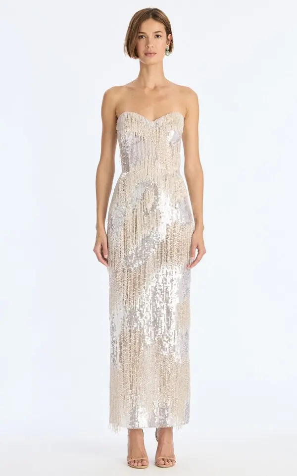 Oscar De La Renta Strapless Sequin With Beaded Fringe Cocktail Dress - Silver