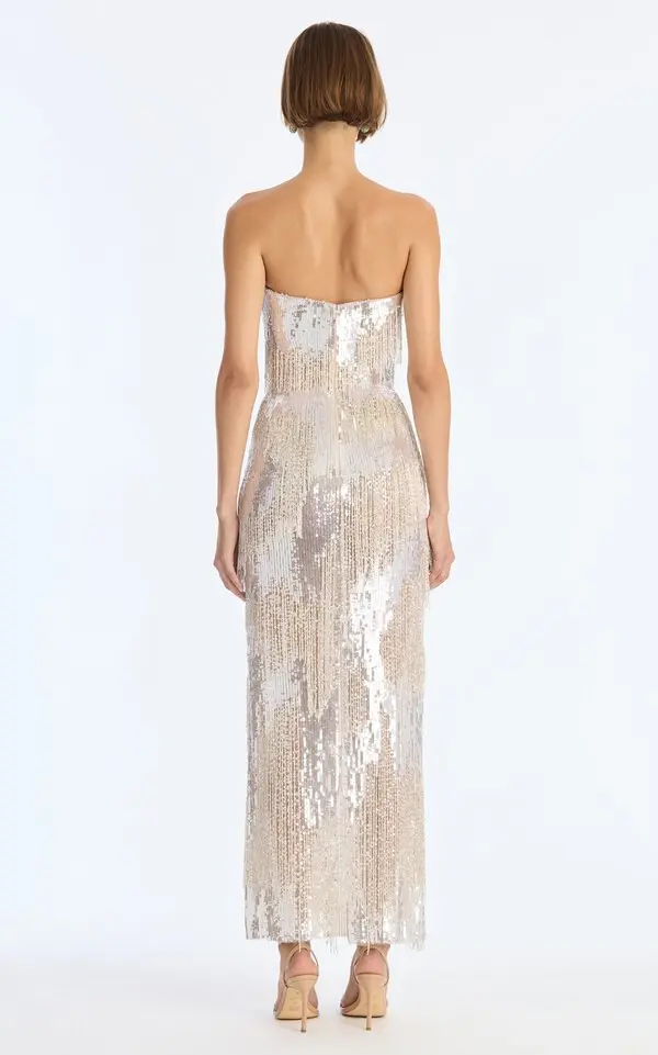 Oscar De La Renta Strapless Sequin With Beaded Fringe Cocktail Dress