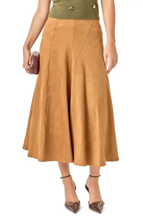 English Factory Faux Suede Flared Midi Skirt - Camel