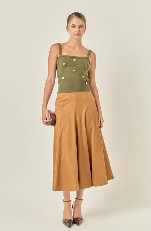 English Factory Faux Suede Flared Midi Skirt