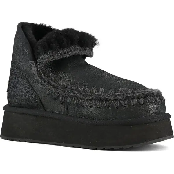 Mou Mini Platform Genuine Shearling Boot - Cracked Black/grey