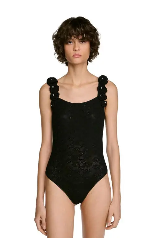 Sandro Knit Bodysuit With Beaded Flowers