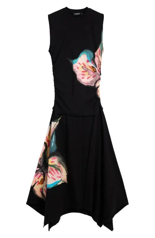 Desigual Asymmetrical Floral Sleeveless Dress - Ebony
