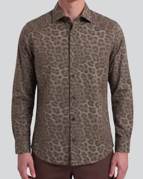 LORDS OF HARLECH Spread Collar Stretch Cotton Poplin Shirt - Leopard Sage