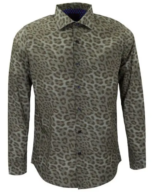 LORDS OF HARLECH Spread Collar Stretch Cotton Poplin Shirt - Leopard Sage