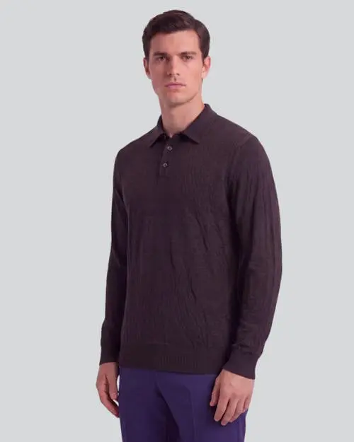 LORDS OF HARLECH Merino Wool Textured Polo Sweater - Brownie
