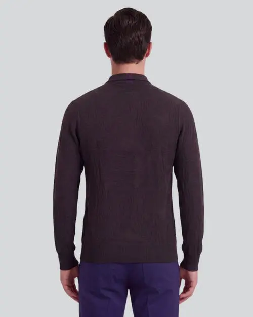 LORDS OF HARLECH Merino Wool Textured Polo Sweater - Brownie