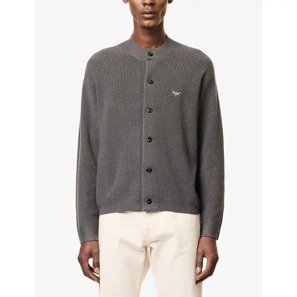 Emporio Armani Embroidered-logo Round Neck Cotton-wool Cardigan - Pavement