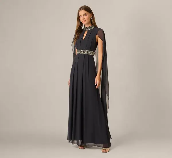 Adrianna Papell Beaded Trim Keyhole Cape Gown