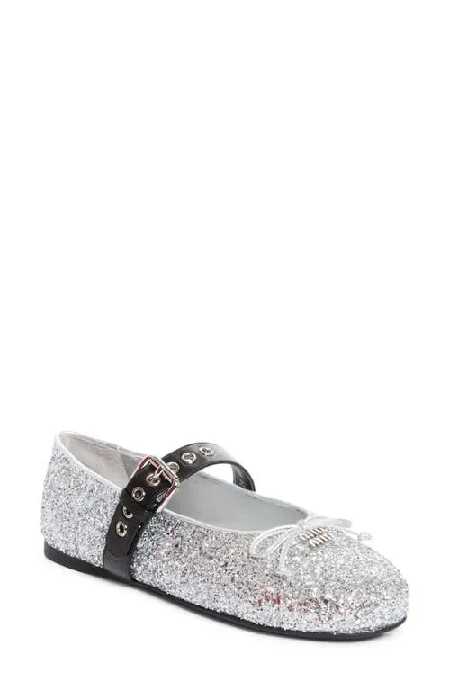 Miu Miu Bow Glitter Mary Jane Ballerina Flat - Argento