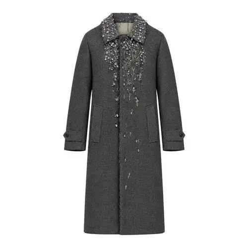 Prada Single-breasted Overcoat In Mouliné Prince Of Wales Check And Embroidered Twill - Gray