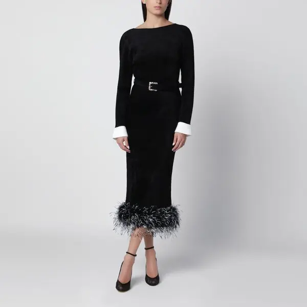 SELF-PORTRAIT Midi Chenille Knit Dress With Feather Trim, Removable Belt