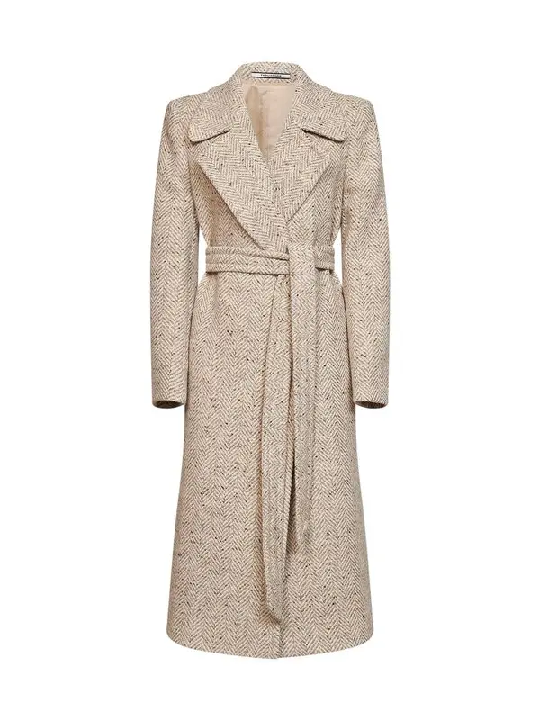 Tagliatore Oatmeal Speckled Herringbone Wool Molly Long Belted Coat - Multicolor