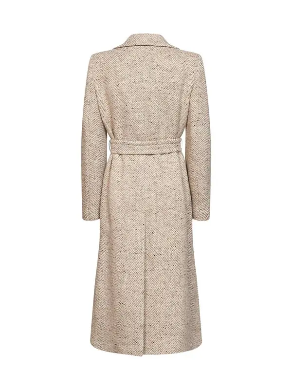 Tagliatore Oatmeal Speckled Herringbone Wool Molly Long Belted Coat