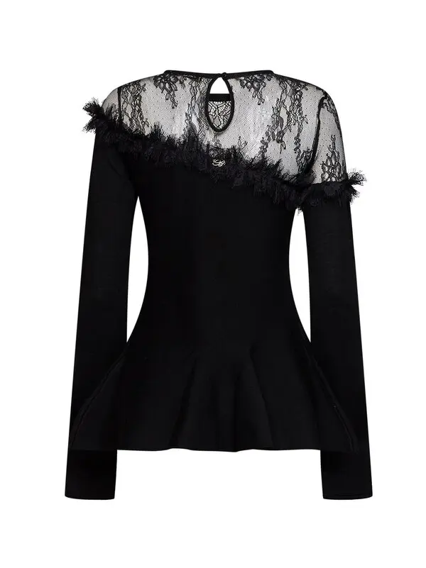 Blumarine Black Wool Knit Top With Tulle Yoke
