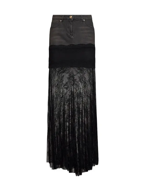 Blumarine Grey Denim And See-through Lace Long Skirt
