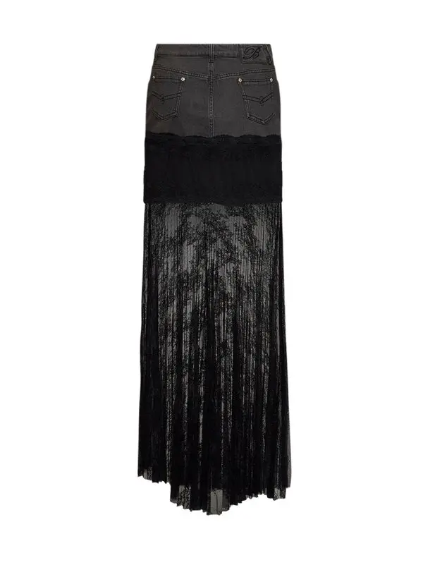 Blumarine Grey Denim And See-through Lace Long Skirt