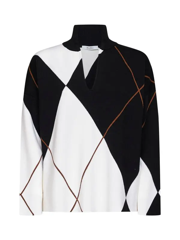 Max Mara Black And White Argyle Wool Mxmsala Relaxed Sweater - Multicolor