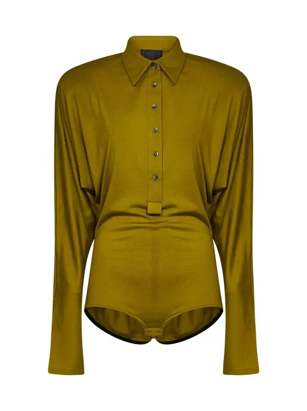MUGLER Olive Green Wool-blend Jersey Polo Bodysuit