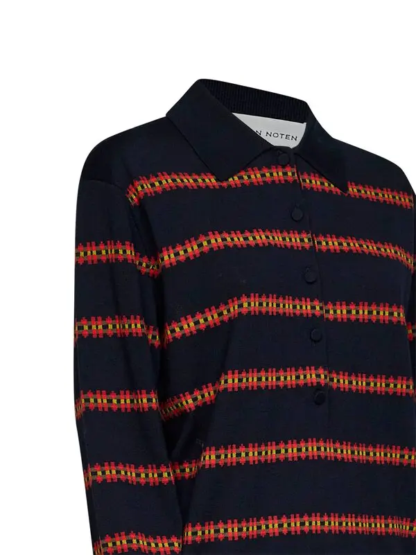 Dries Van Noten Navy Blue Striped Knit Long-sleeved Polo Shirt - Multicolor