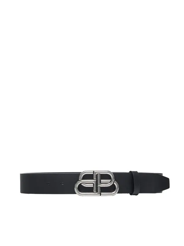 Balenciaga Wide Bb Belt In Black Calfskin Leather With Antique Silver Finishes - Multicolor