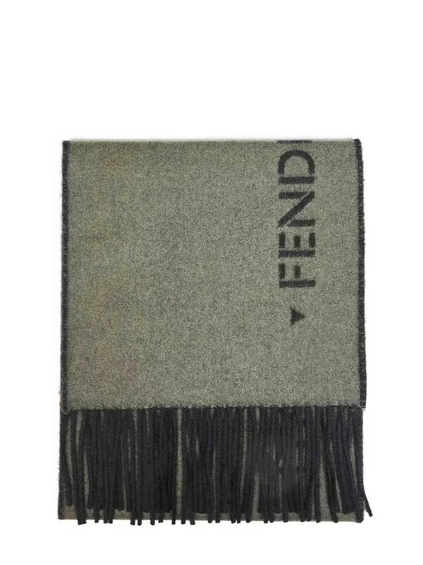 Fendi Silk Army Green Wool And Cashmere Double-sided Scarf