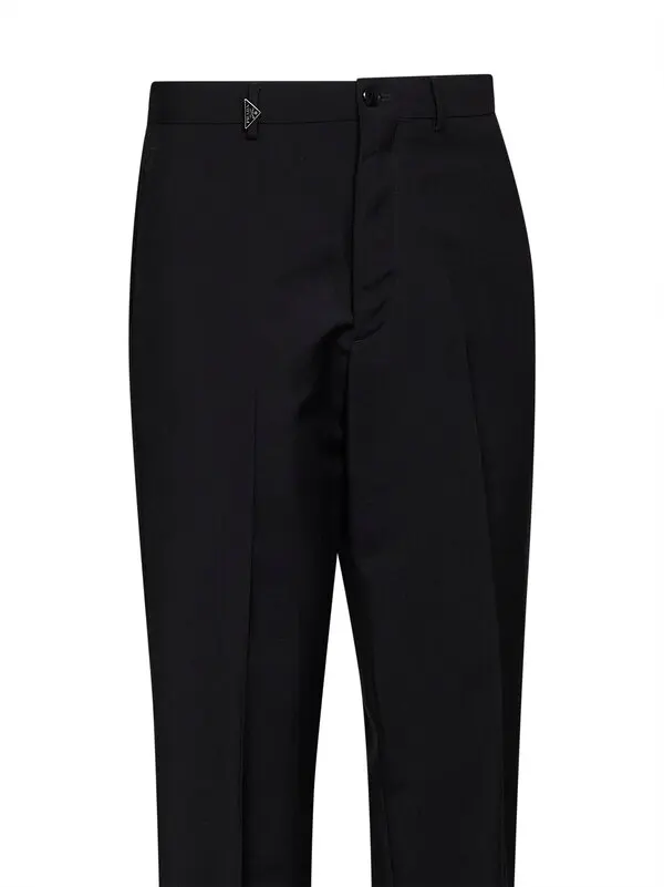 Prada Abbigliamento Black Mohair-wool Trousers With Triangle Logo