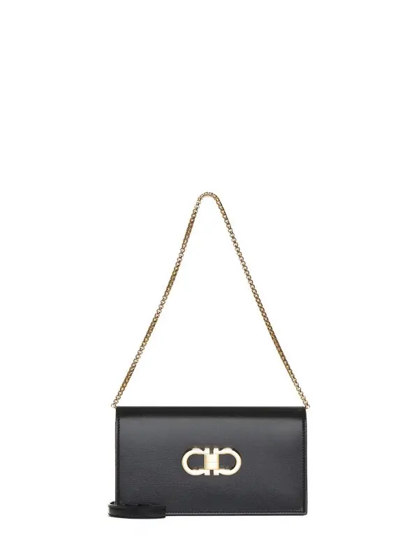 FERRAGAMO Black Double Gancini Mini Bag With Shoulder Strap