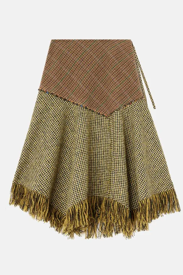 GANNI Woollen Check Patchwork Long Skirt - Multicolor