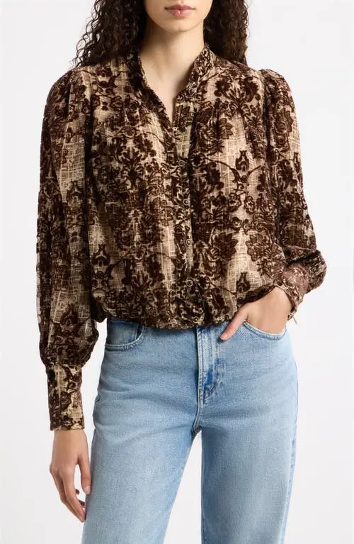 CIEBON Kay Velvet Burnout Mandarin Collar Button-up Shirt - Brown Multi