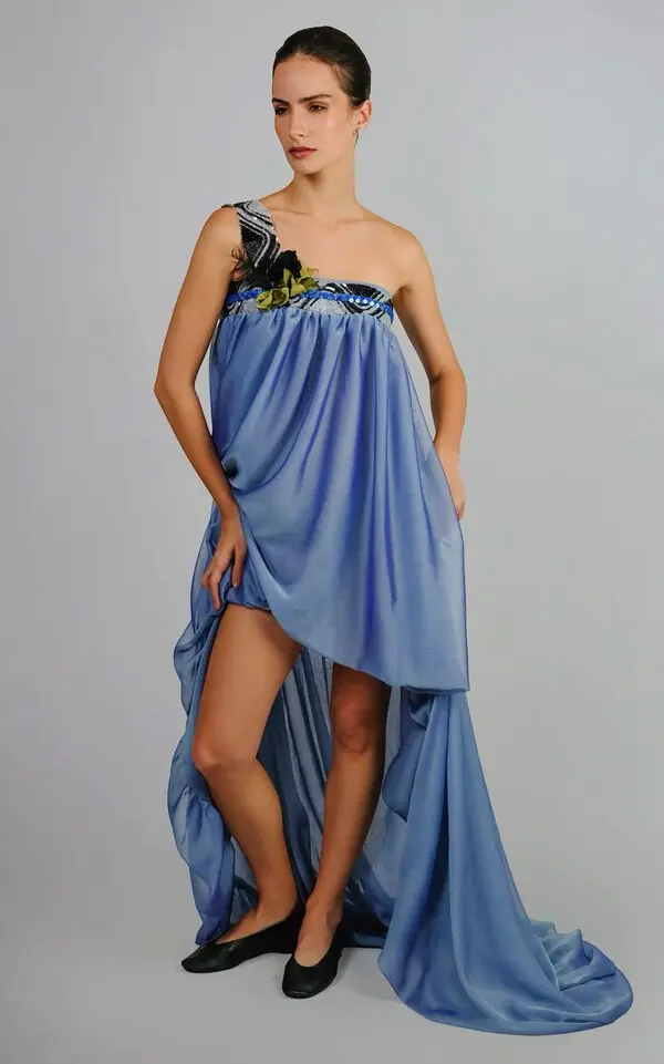 SALMA OSMAN Beaded One-shoulder Draped Silk-blend Gown
