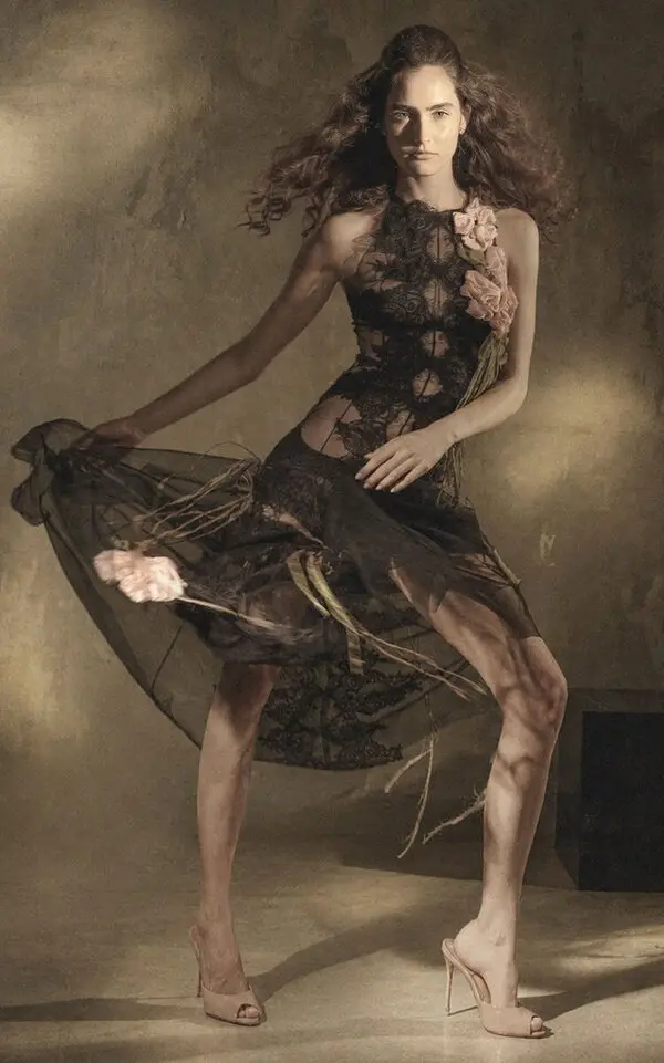 SALMA OSMAN Floral Appliqué Lace Halter Gown