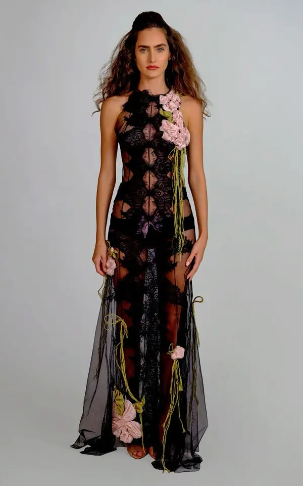 SALMA OSMAN Floral Appliqué Lace Halter Gown