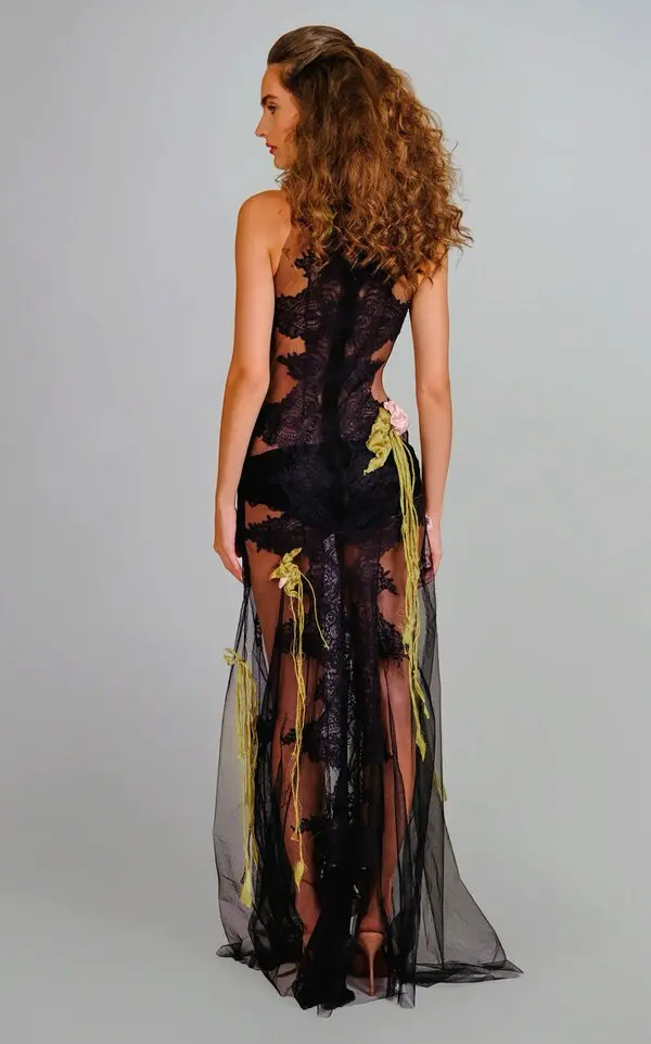 SALMA OSMAN Floral Appliqué Lace Halter Gown