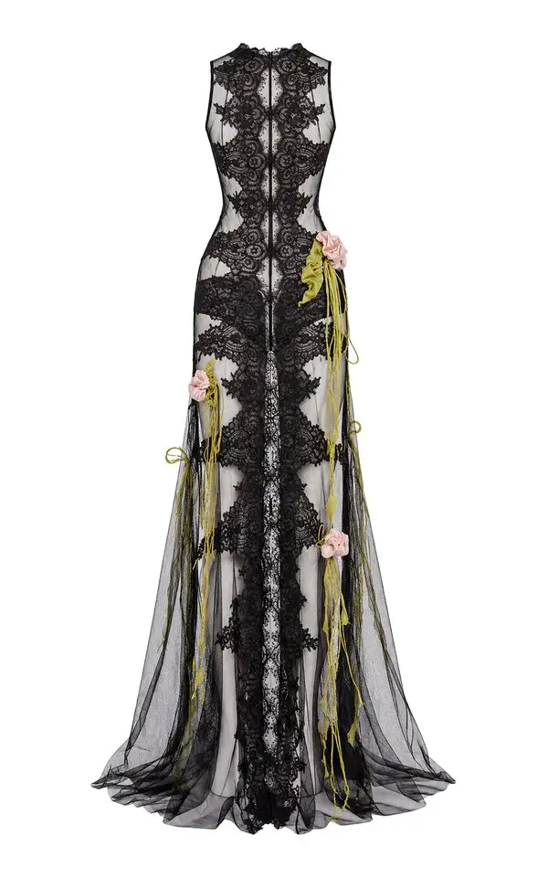 SALMA OSMAN Floral Appliqué Lace Halter Gown