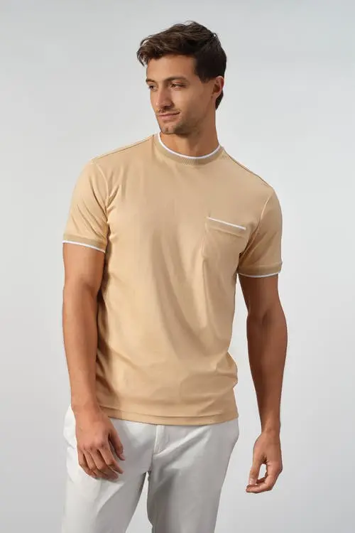 GARNET Classic-fit Crewneck Cotton Pocket T-shirt - Sand