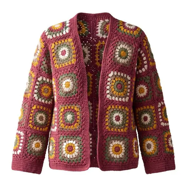 ANA CHIC Mosaic Handmade Crochet Cardigan In Burgundy And Mustard - Red