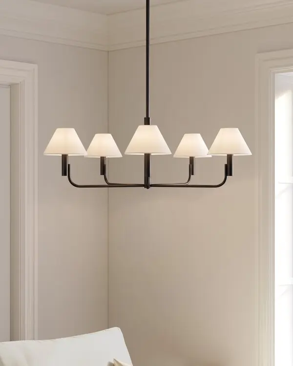 Quince Contemporary Steel Chandelier With Linen Shades - Black