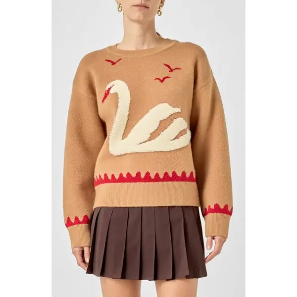 English Factory Fleece Swan Pullover Sweater - Camel